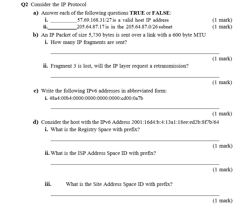 Solved 22 Consider the IP Protocol a) Answer each of the | Chegg.com