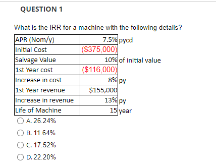 Solved QUESTION 1 8% py What is the IRR for a machine with | Chegg.com