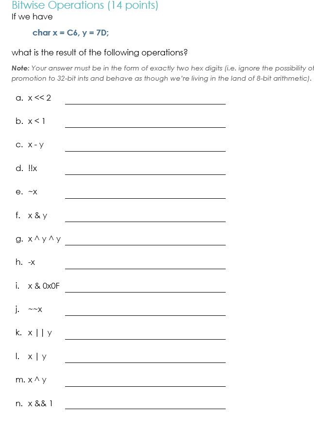 Bitwise Operations (14 points) If we have char x = | Chegg.com