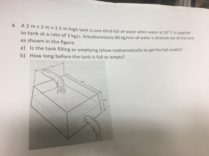 Solved 4. A 2 mx 2 m x 1.5 m high tank is one third full of | Chegg.com