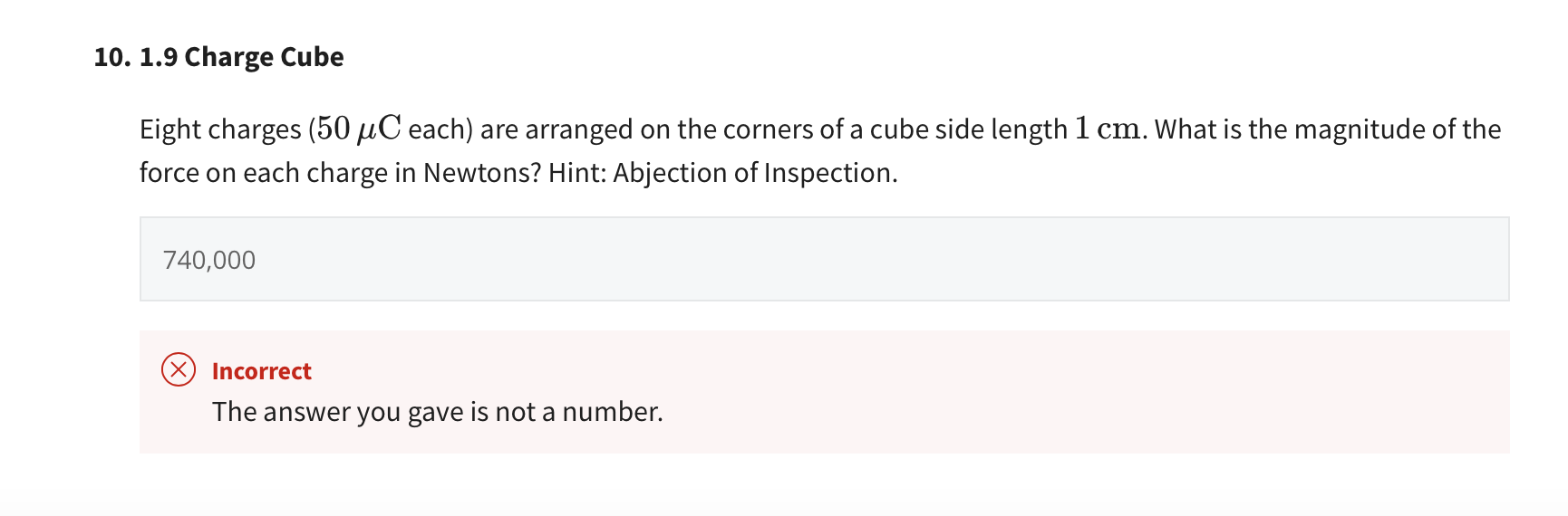 Solved 1.9 Charge Cube Eight charges ( 50μC each) are | Chegg.com