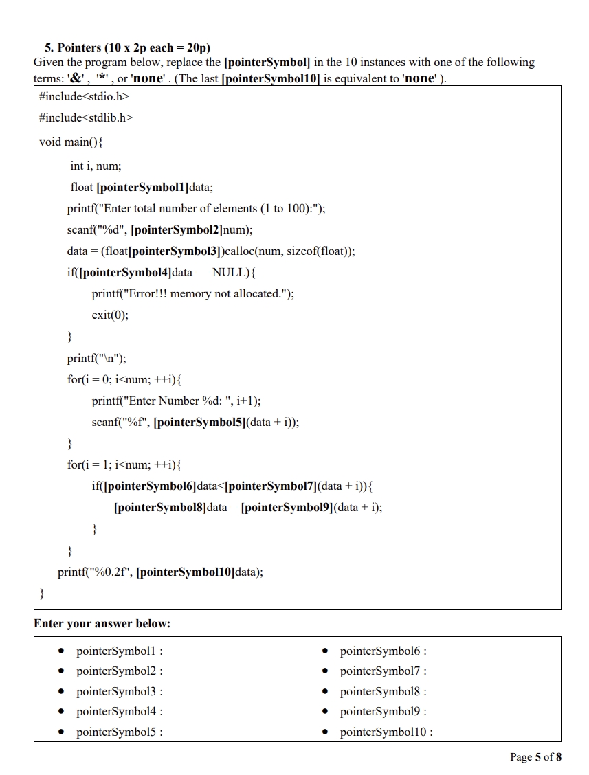 Solved 5. Pointers (10×2p each =20p) Given the program | Chegg.com
