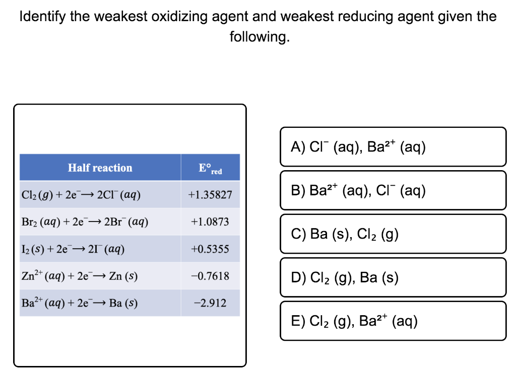 Solved Identify the weakest oxidizing agent and weakest | Chegg.com