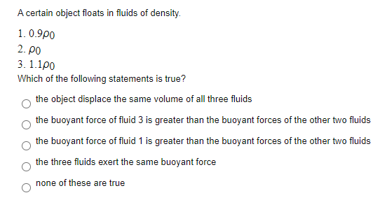 Solved A certain object floats in fluids of density 1.0.900 | Chegg.com