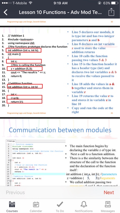 Solved OO T-Mobile 9:19 AM 63% Lesson 10 Functions Adv Mod | Chegg.com