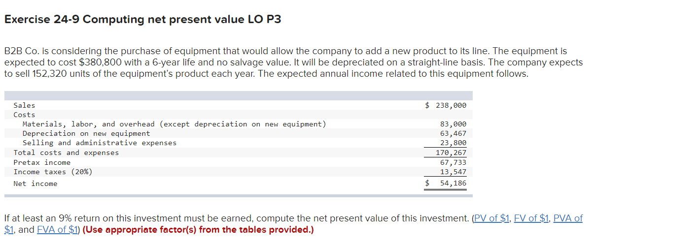Solved Exercise 24-9 Computing net present value LO P3 B2B | Chegg.com
