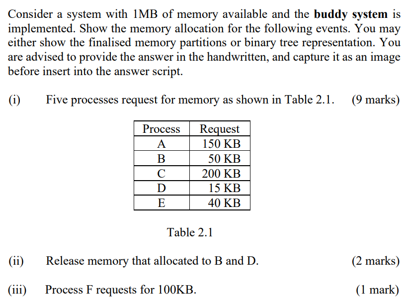 Solved Consider a system with 1MB of memory available and | Chegg.com