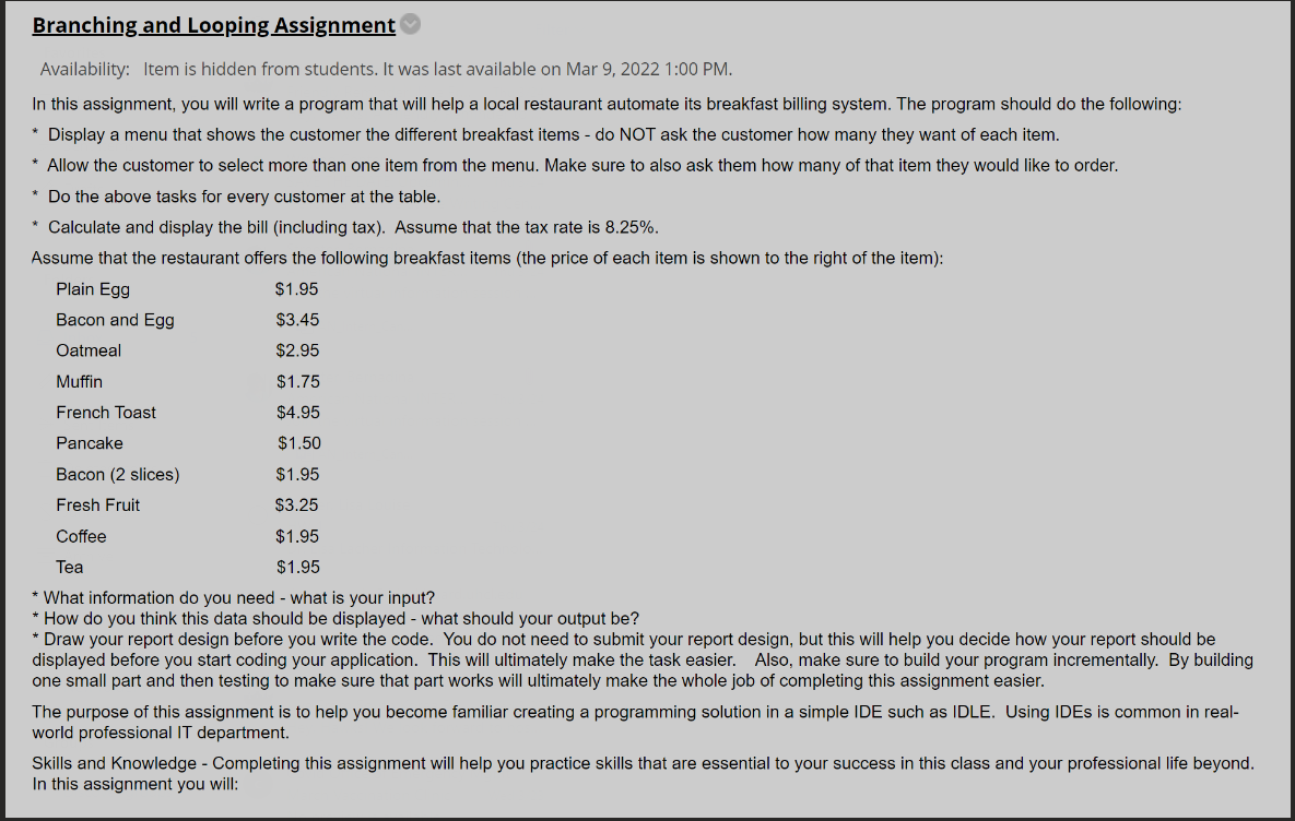 Solved (PYTHON) As I displayed the menu and allowed the | Chegg.com