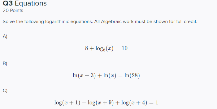 Solved Q3 Equations 20 Points Solve the following | Chegg.com