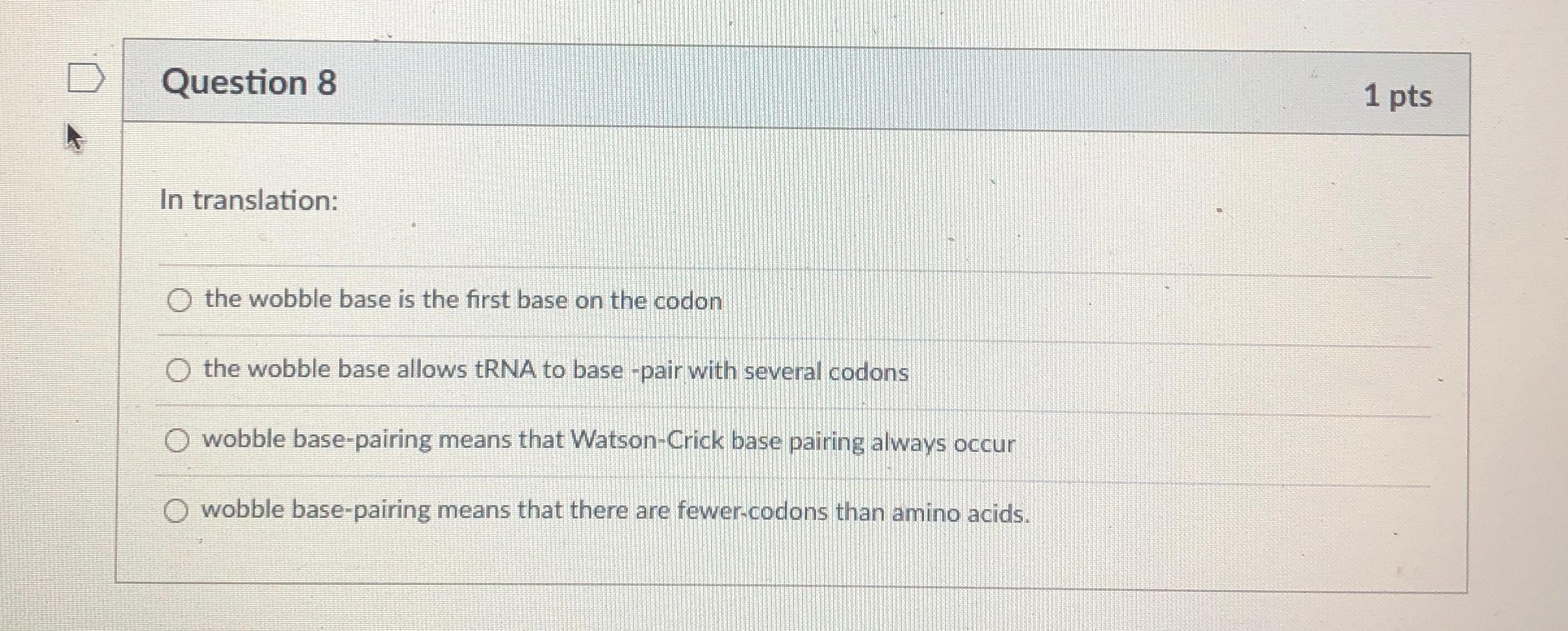 Solved Question 8 1 pts In translation: O the wobble base is | Chegg.com