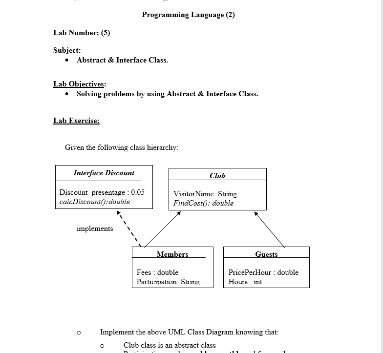 Solved Programming Language 2 Lab Number 5 Subject