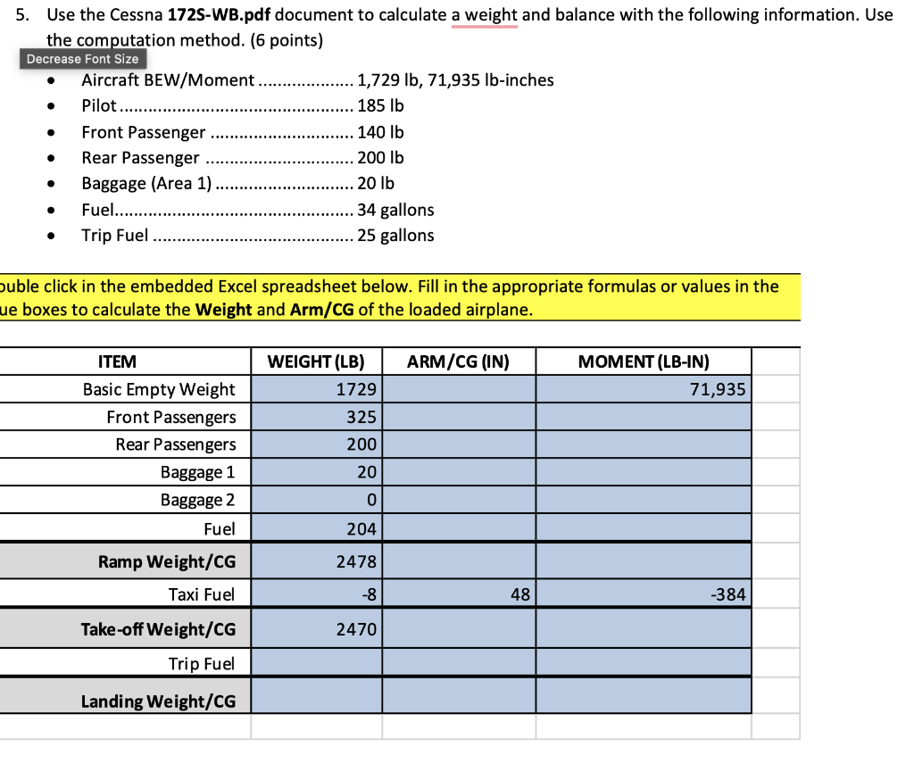 calculate a weight and balance with the following | Chegg.com
