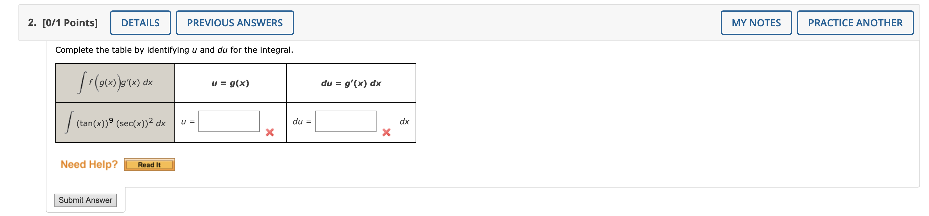 Solved [0/1 ﻿Points]Complete the table by identifying u ﻿and | Chegg.com