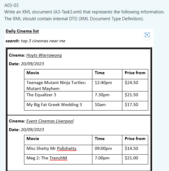 Solved A03-03 Write an XML document (A3-Task3.xml) that | Chegg.com