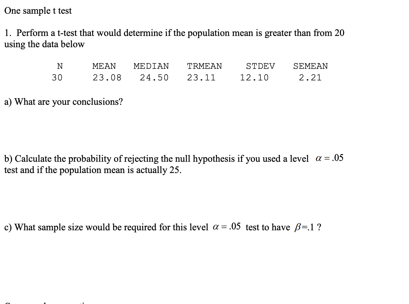 Solved One sample t test 1. Perform a t-test that would | Chegg.com