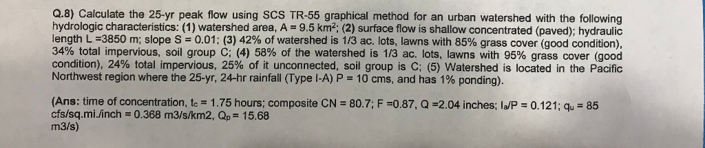 Q.8) Calculate the 25-yr peak flow using SCS TR-55 | Chegg.com