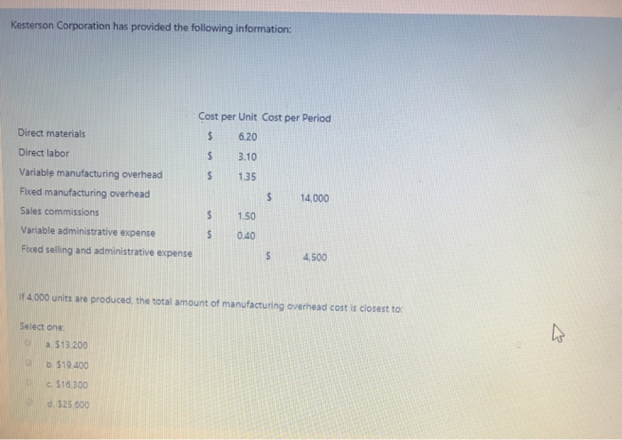 Solved Kesterson Corporation has provided the following | Chegg.com