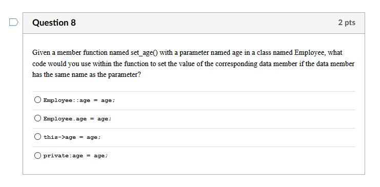 Solved Question 7 2 pts Given a class named Employee with | Chegg.com