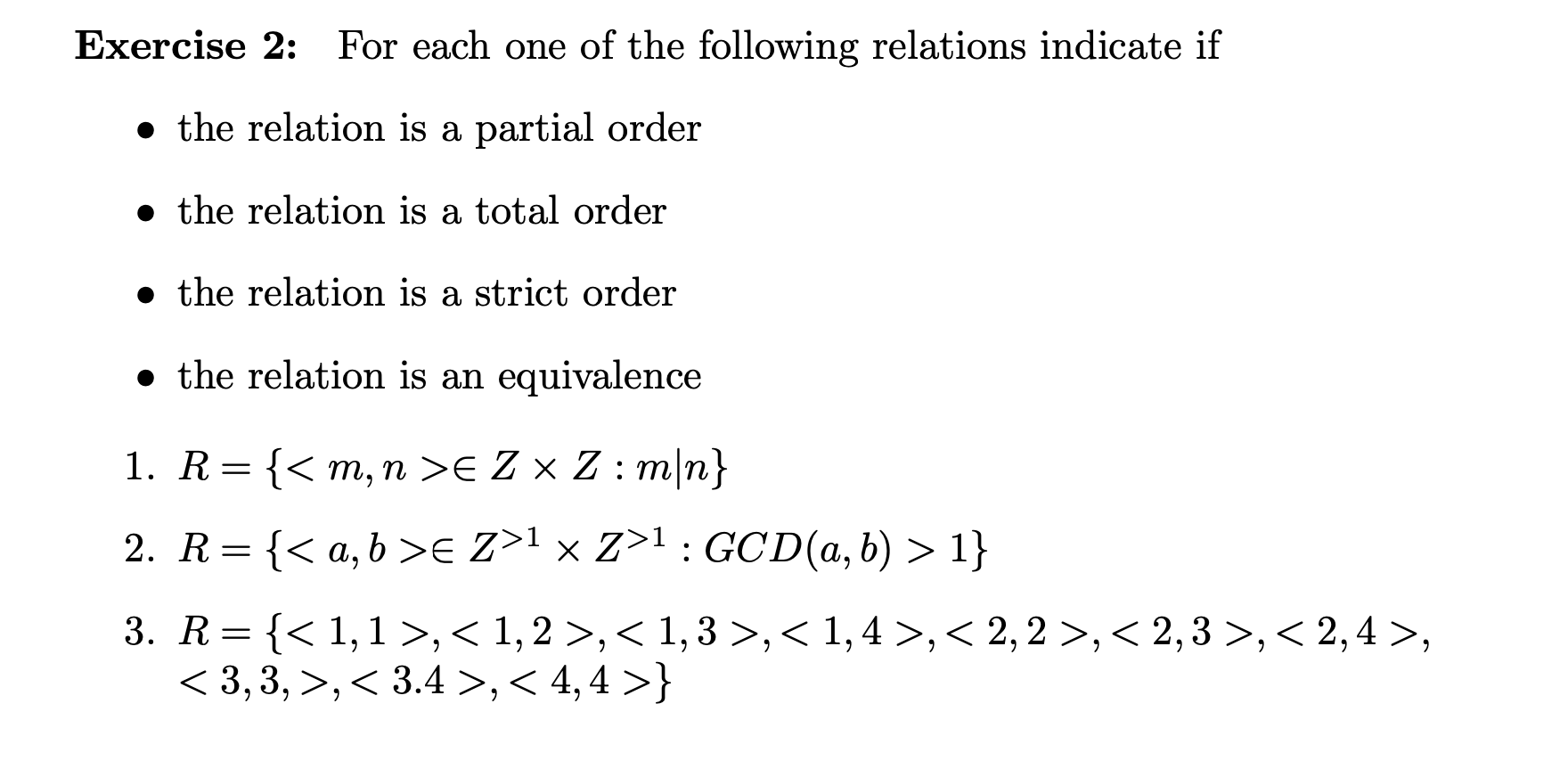 Solved Exercise 2: For each one of the following relations | Chegg.com