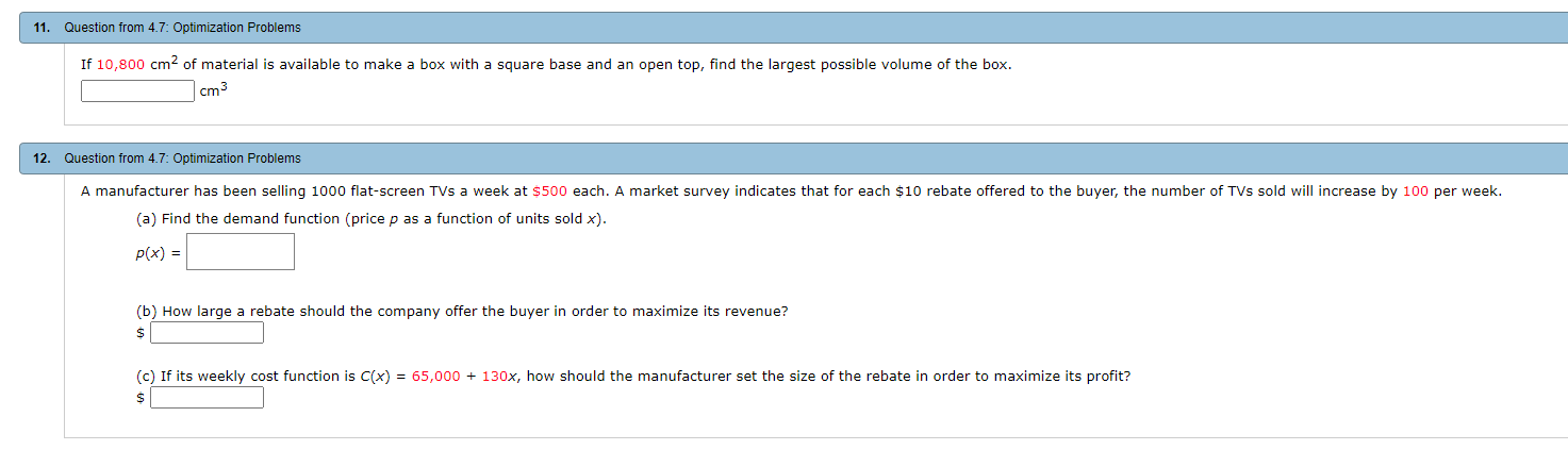 Solved 11. Question from 4.7: Optimization Problems If | Chegg.com