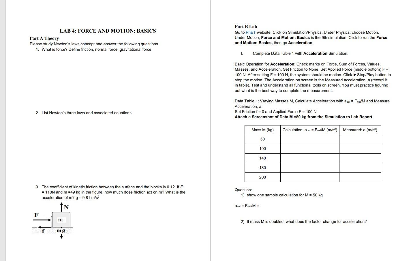 Solved LAB 4: FORCE AND MOTION: BASICS Part A Theory Please | Chegg.com