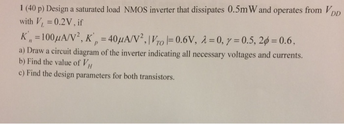 Design a saturated load NMOS inverter that dissipates | Chegg.com