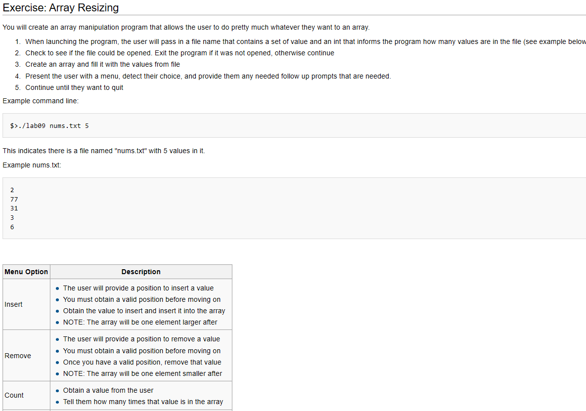 Exercise: Array Resizing You will create an array | Chegg.com
