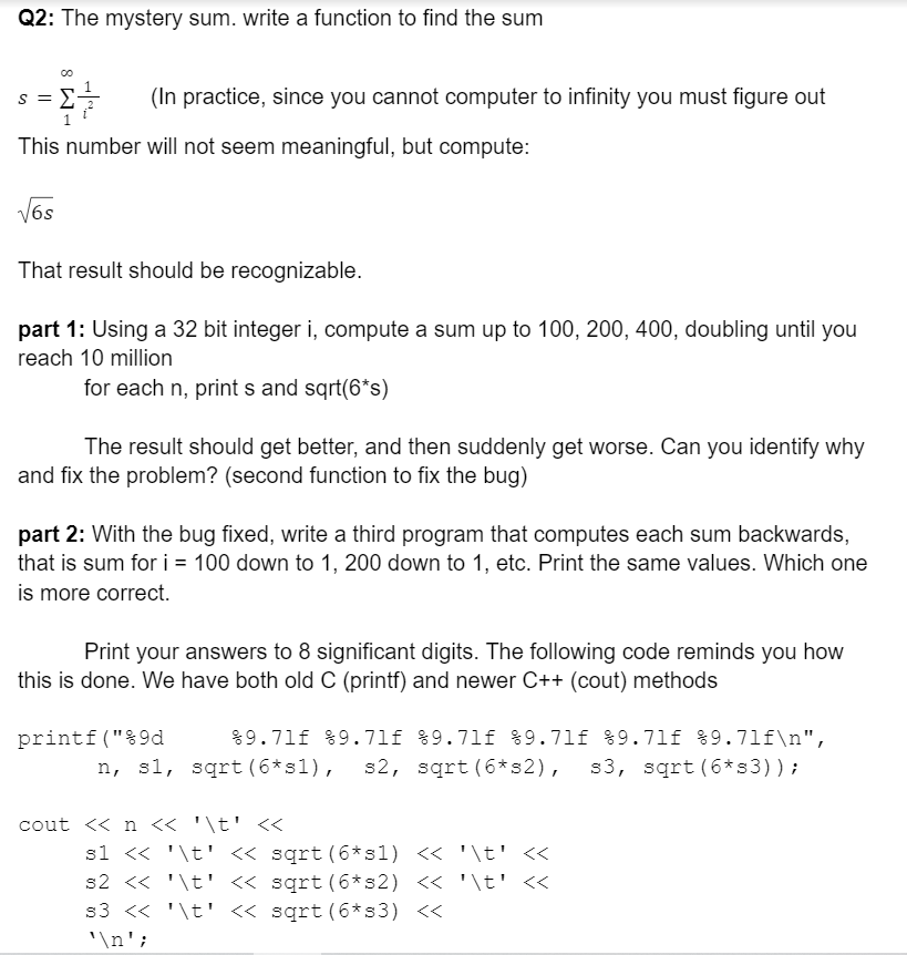 Q2: The mystery sum. write a function to find the sum | Chegg.com