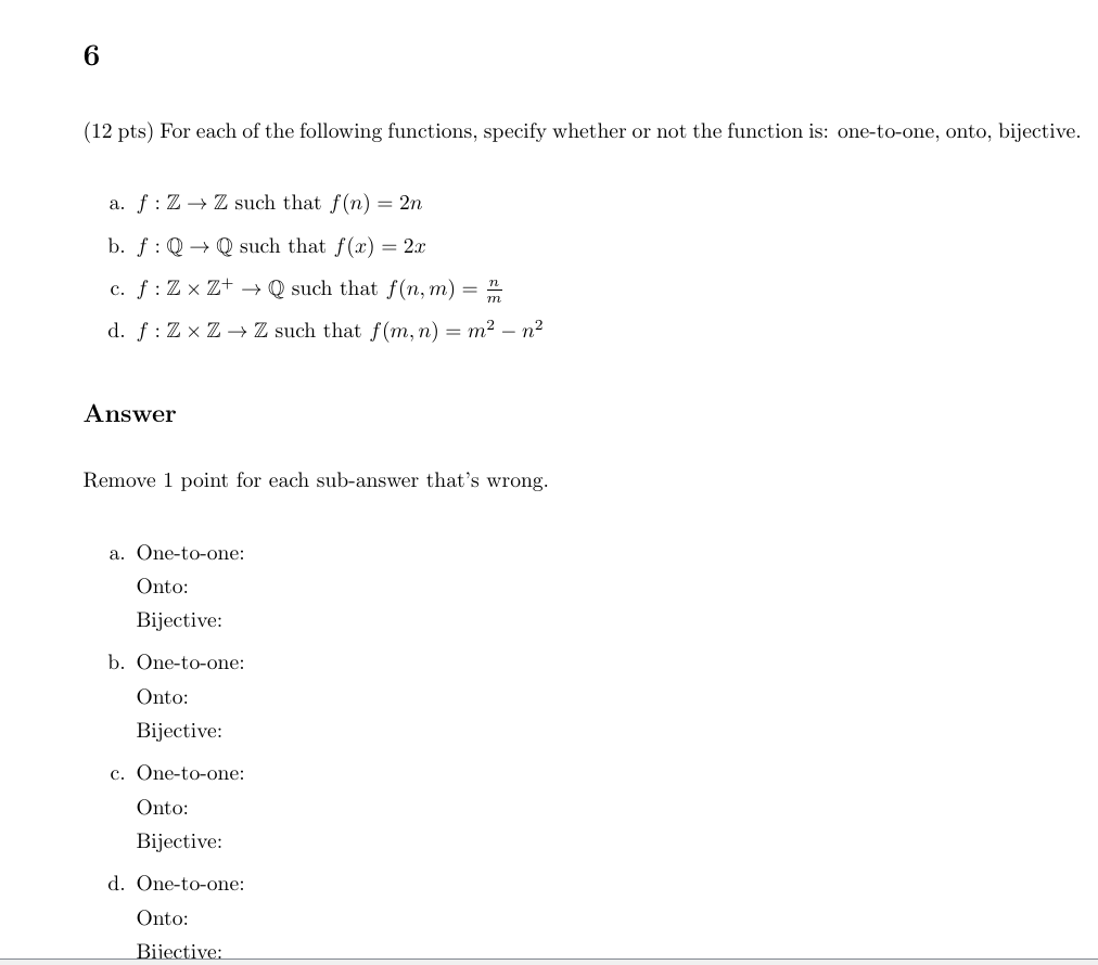Solved (12 pts) For each of the following functions, specify | Chegg.com