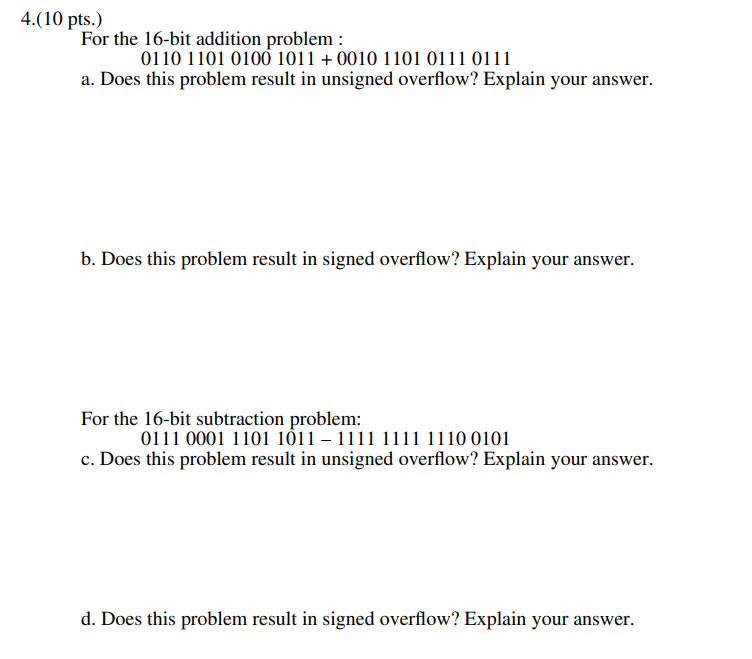 Solved 4.(10 pts.) For the 16-bit addition problem : 0110 | Chegg.com