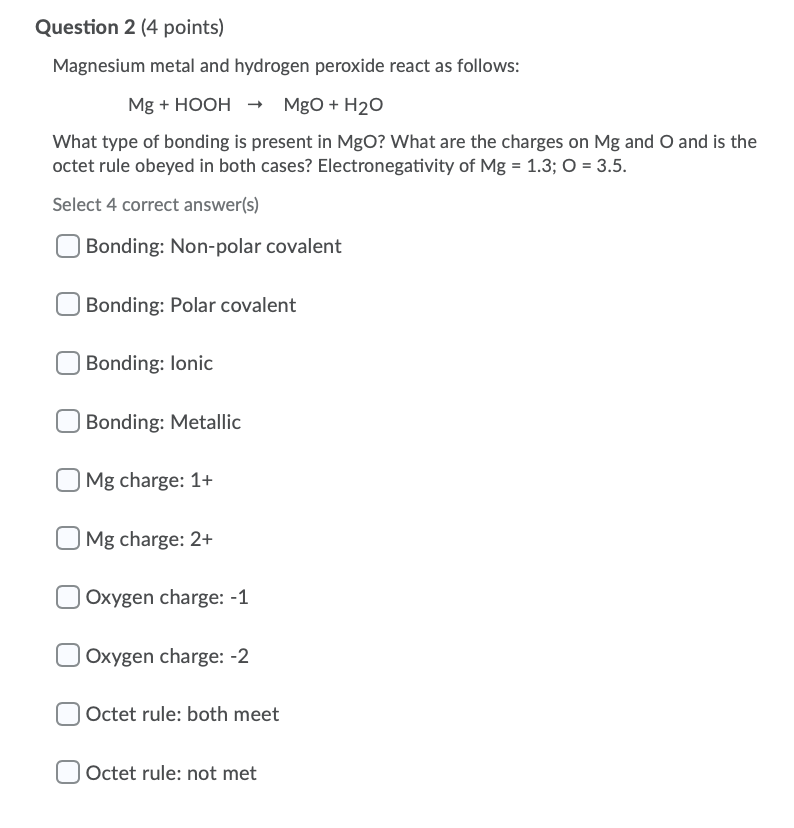 Solved Question 2 (4 points) Magnesium metal and hydrogen | Chegg.com