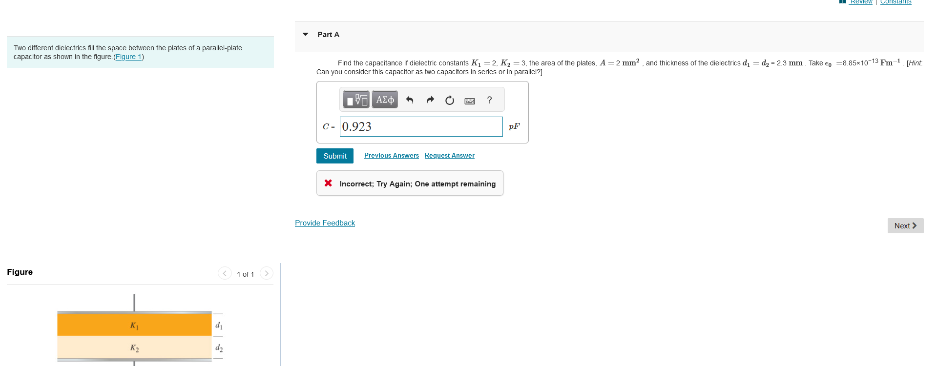 Solved Two different dielectrics fill the space between the | Chegg.com