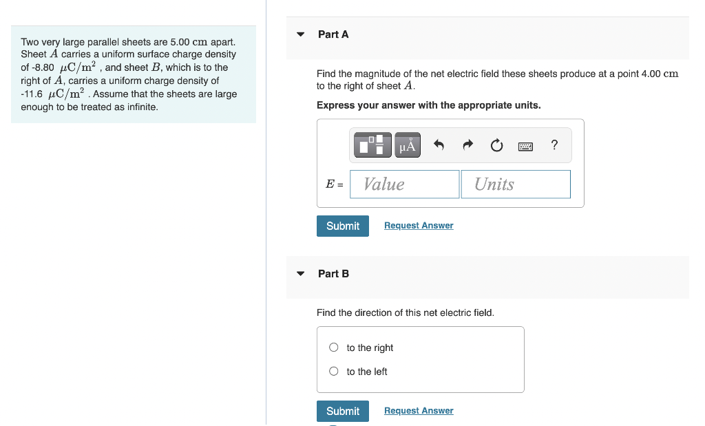 Solved Two very large parallel sheets are 5.00 cm apart. | Chegg.com