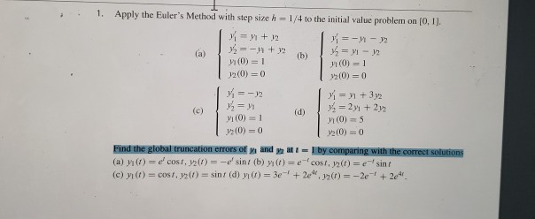 Solved - Apply the Euler's Method with step size h=1/4 to | Chegg.com