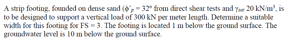 Solved A strip footing, founded on dense sand (ϕp′=32∘ from | Chegg.com
