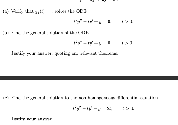 Solved (a) Verify that y1(t)=t solves the ODE | Chegg.com