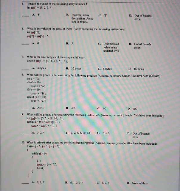 Solved 5. What is the value of the following array at index | Chegg.com