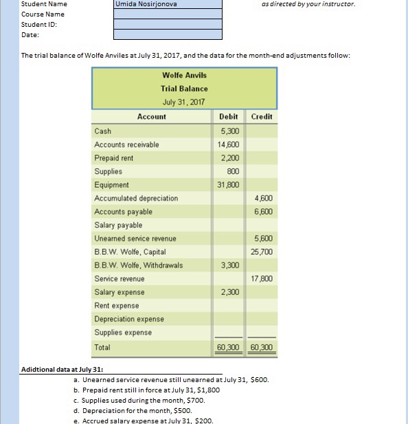 Solved Student Name Course Name Student ID: Date: Umida | Chegg.com Solved Student Name Course Name Student ID: Date: Umida | Chegg.com