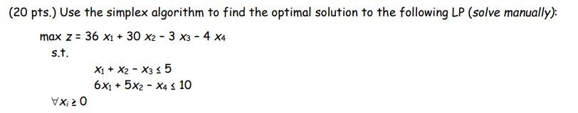 Solved (20 pts.) Use the simplex algorithm to find the | Chegg.com