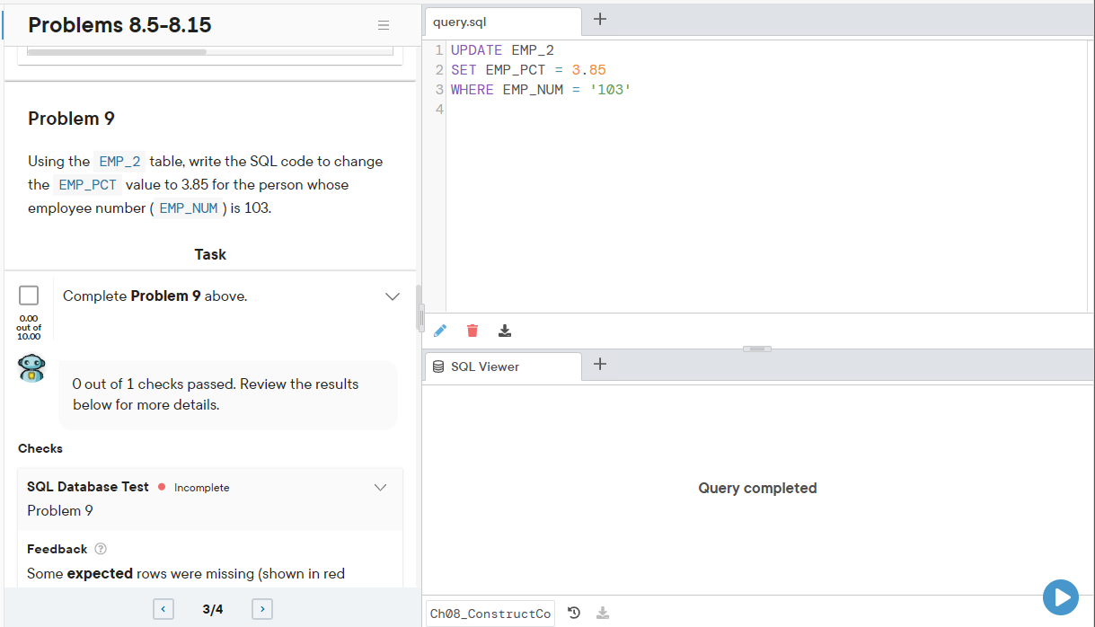 Solved 1 UPDATE EMP_2 Problem 9 SET EMP_PCT =3.85 WHERE | Chegg.com