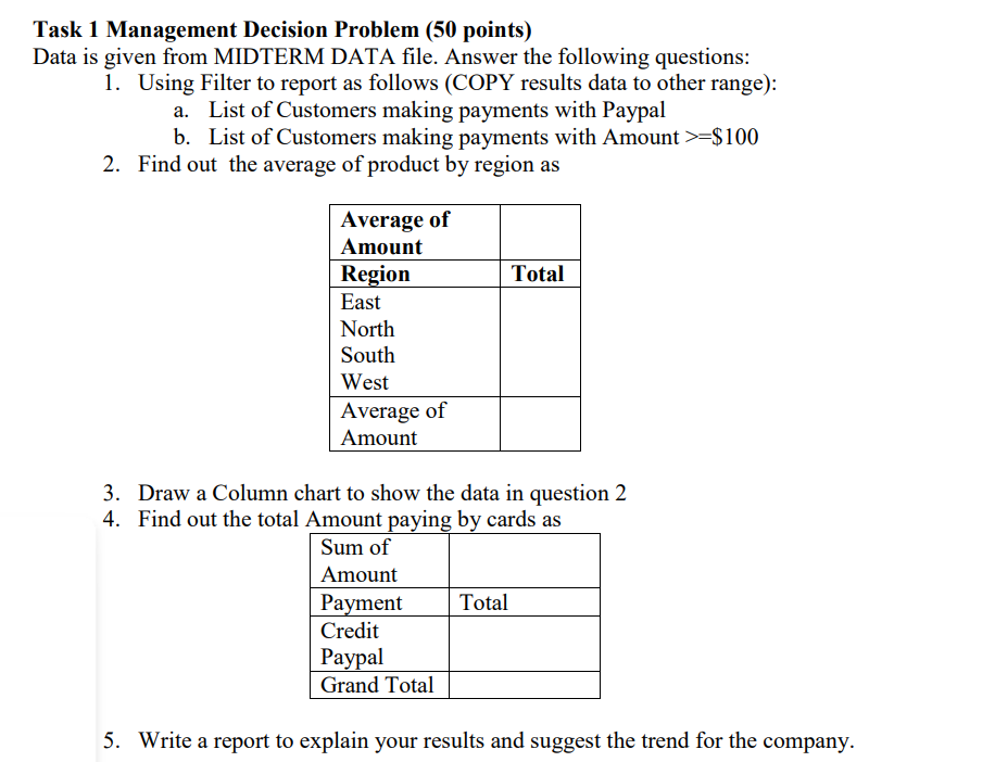Task 1 Management Decision Problem (50 points) Data | Chegg.com