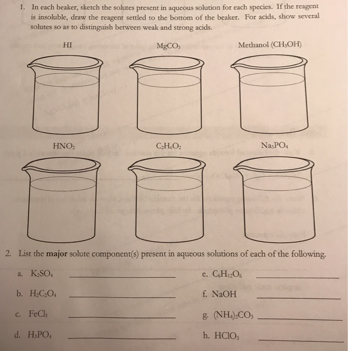 Solved In each beaker, sketch the solutes present in aqueous | Chegg.com