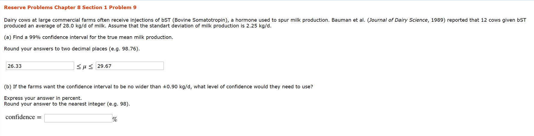 Solved Reserve Problems Chapter 8 Section 1 Problem 9 Dairy | Chegg.com