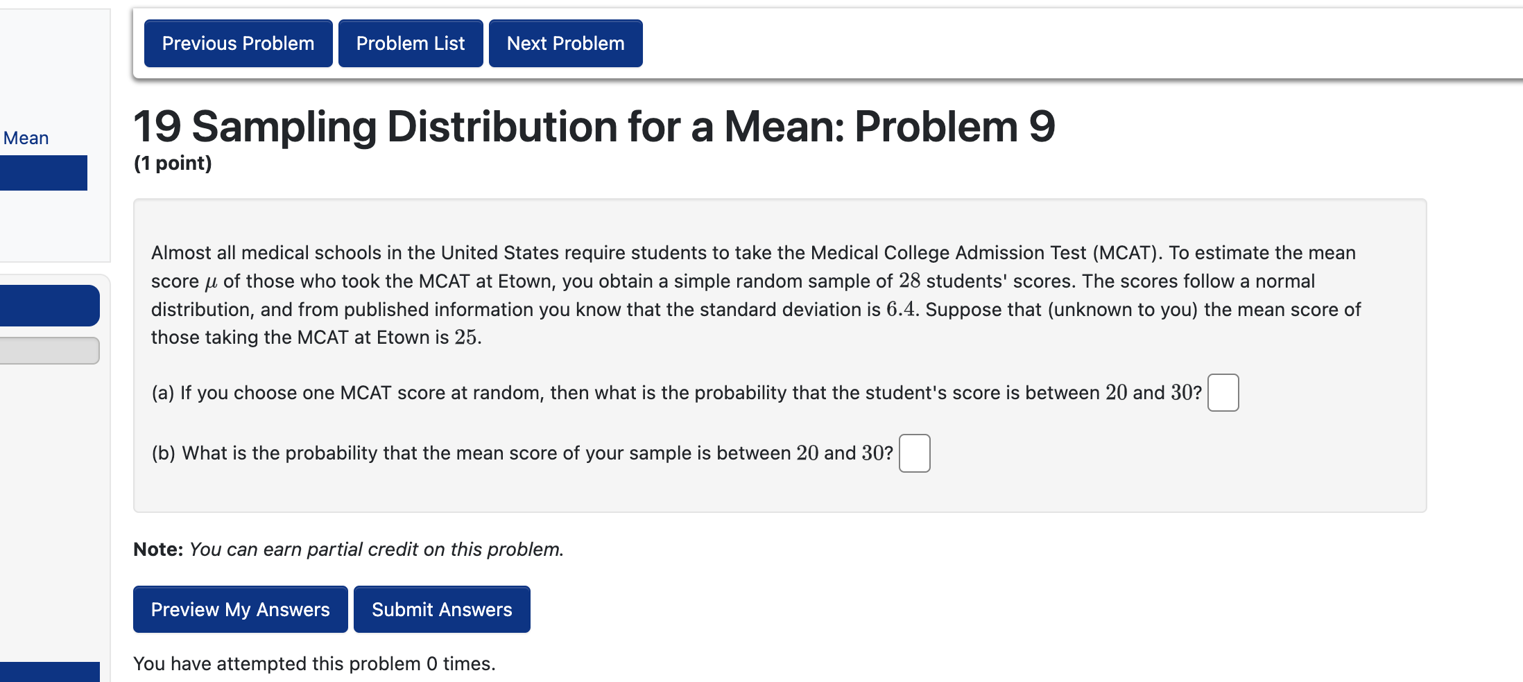 Solved 19 Sampling Distribution for a Mean: Problem 9 (1 | Chegg.com