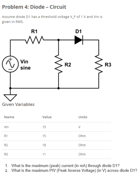 Solved Problem 4: Diode - Circuit Assume diode D1 has a | Chegg.com