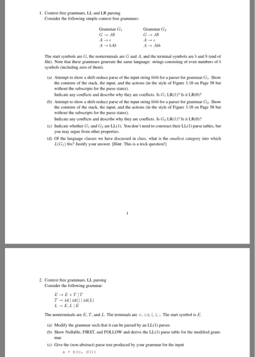 Solved 1. Context free grammars, LI and LR parsing Consider | Chegg.com