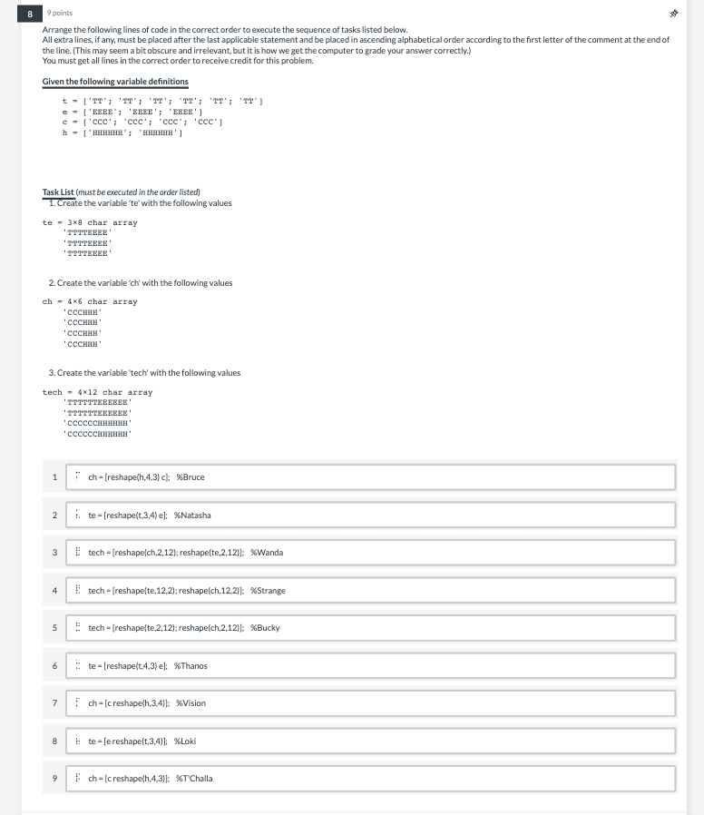 Solved 8 9 points $ Arrange the following lines of code in | Chegg.com