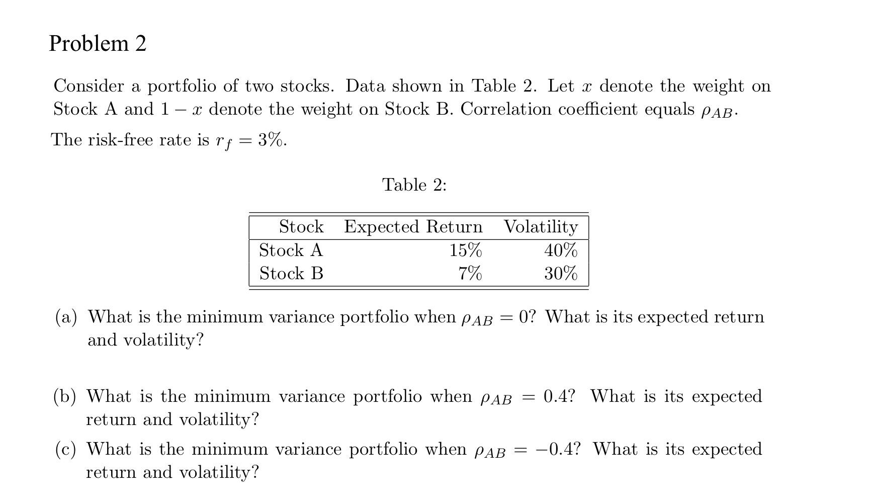 Solved Problem 2 Consider a portfolio of two stocks. Data | Chegg.com