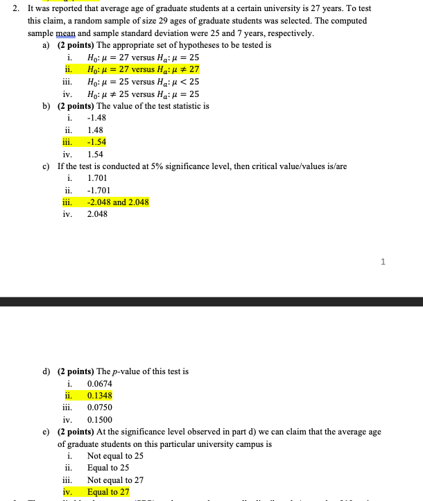 Solved ii. 2. It was reported that average age of graduate | Chegg.com