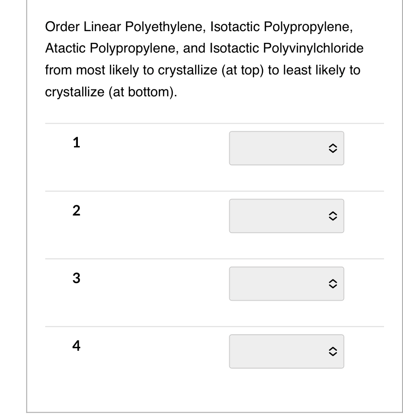 Solved Order Linear Polyethylene, Isotactic Polypropylene, | Chegg.com
